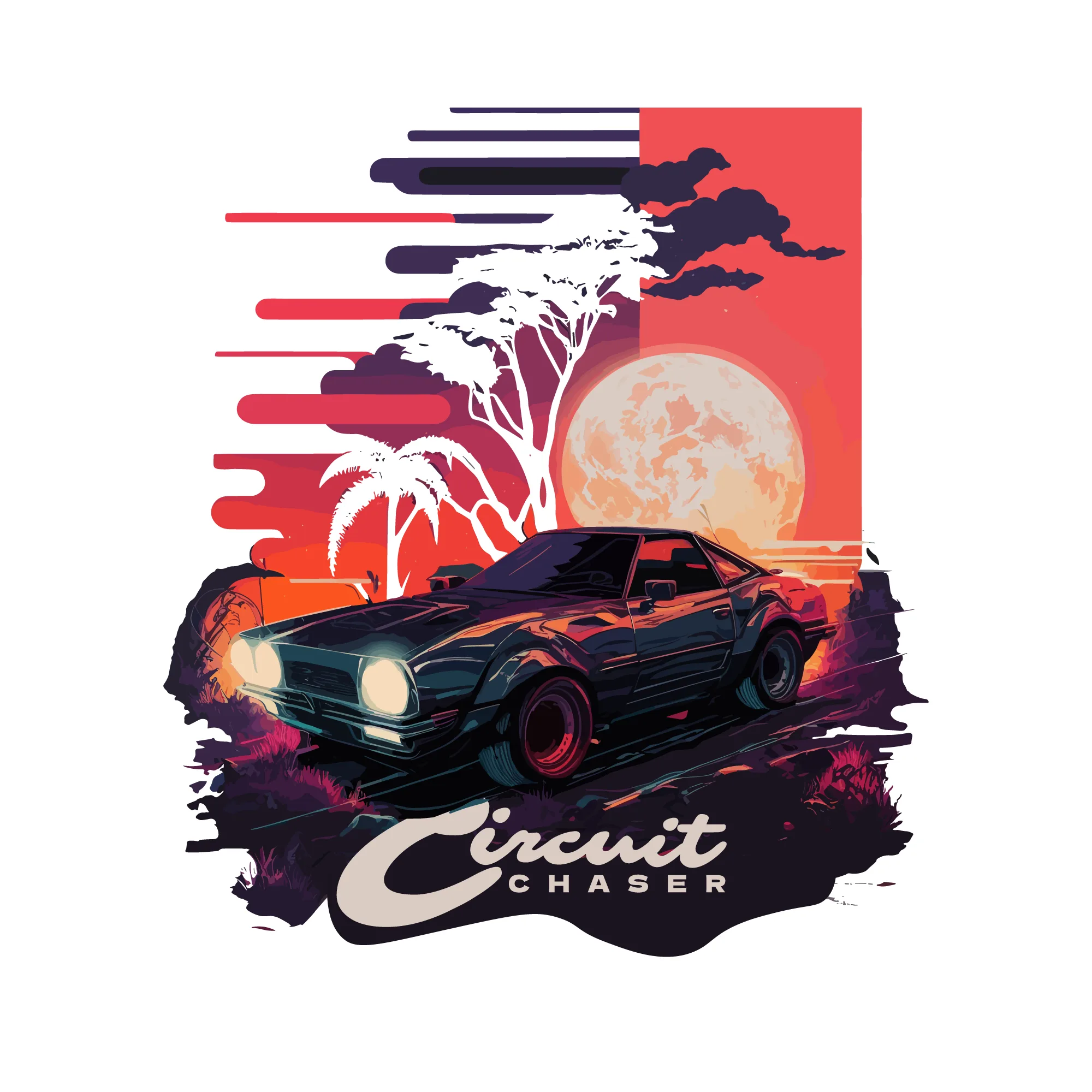 Iconic Japanese car waith moon and trees around it design - Tshirt Designs