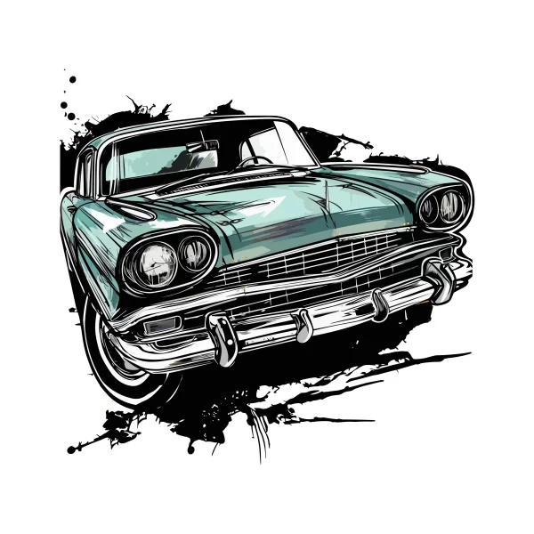 Classic car of the 80s, front perspective with comic book style design ...