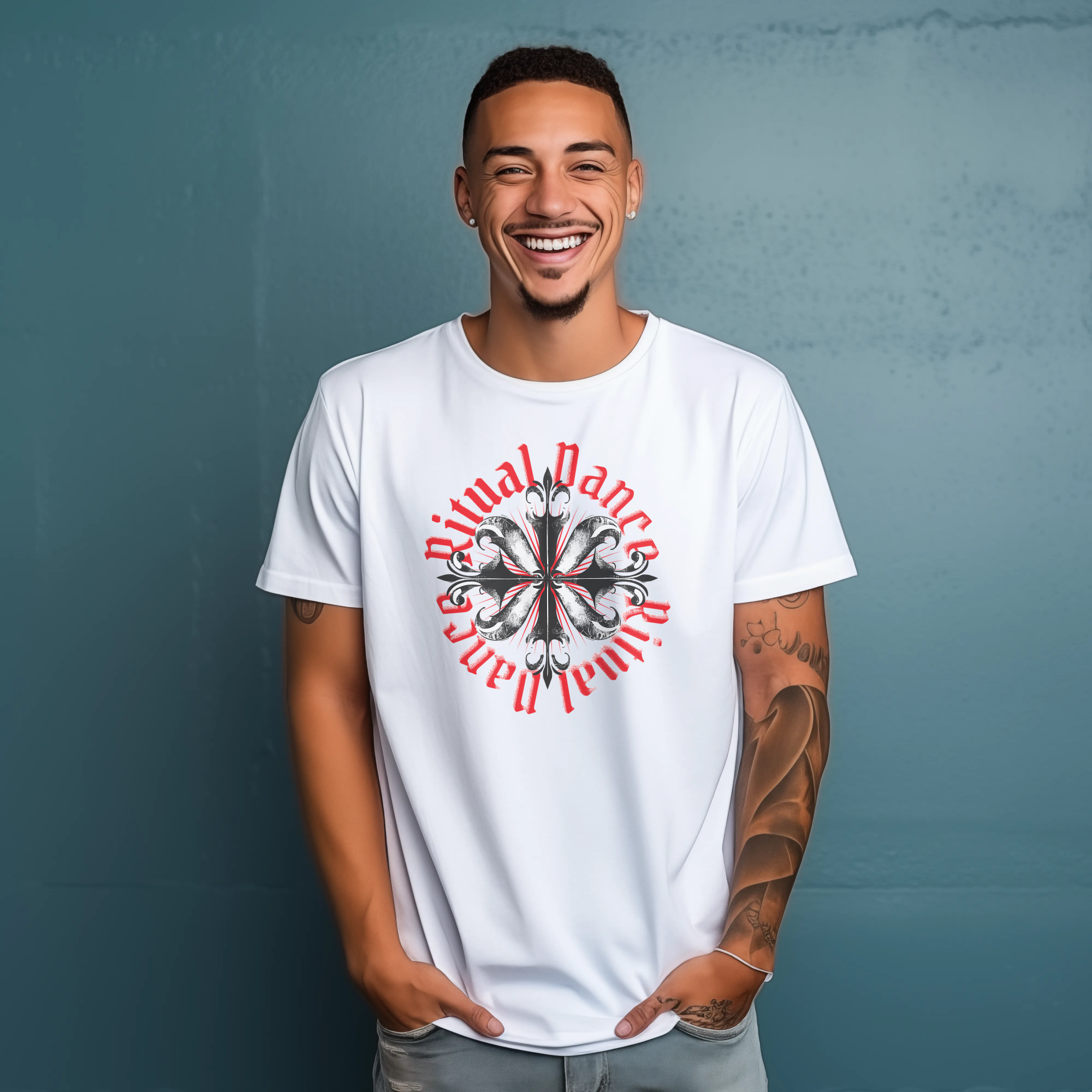 A tribal in the center of a design with a circular phrase with embossed ...