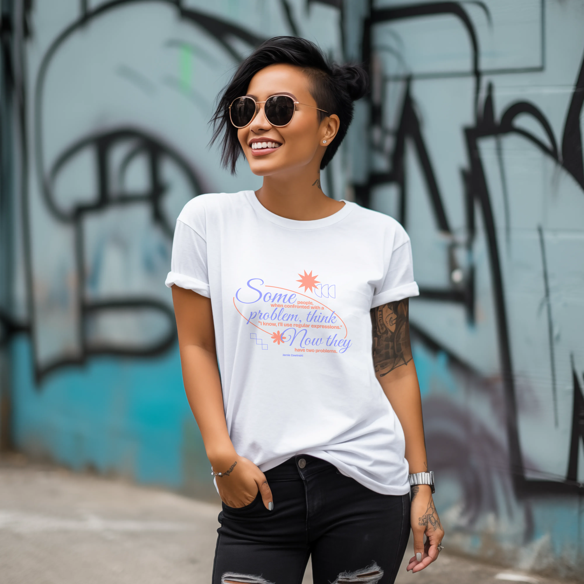 Programming phrase in a handwritten and serif font with geometric ...